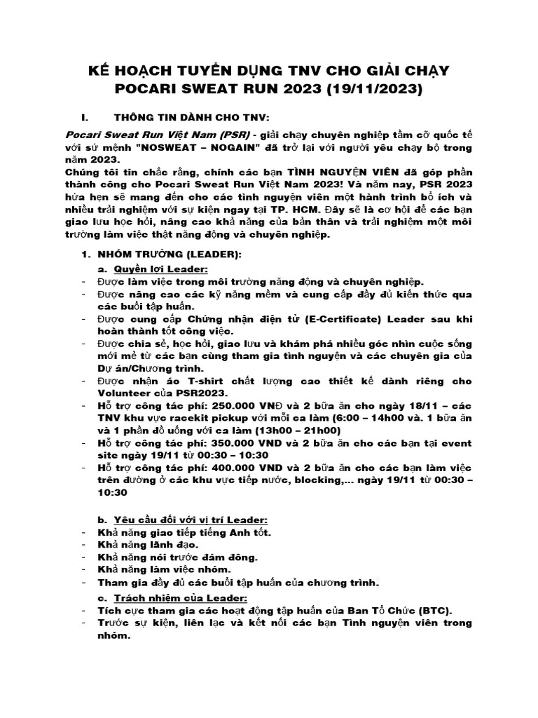 PSR2023 - Kế Hoạch Tuyển TNV Cho Giải Chạy - V1 | PDF