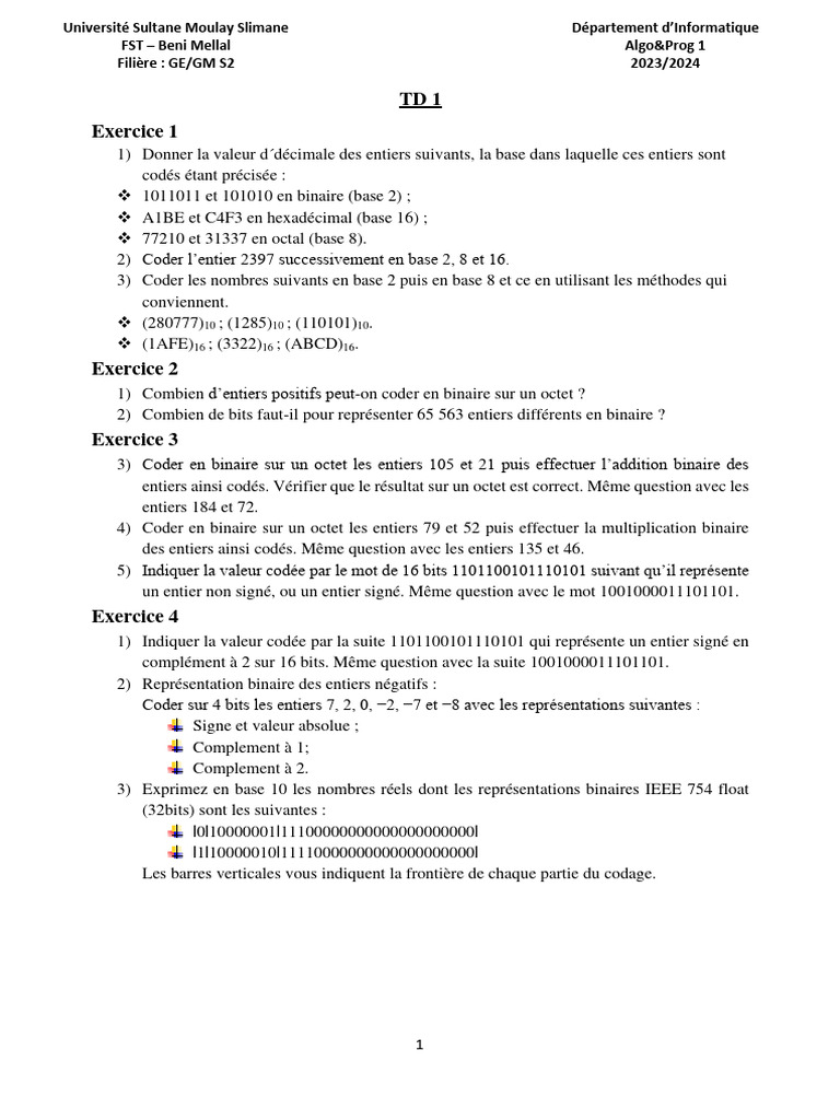Exercices d'Informatique : Bases et Codage | PDF | Ingénierie ...