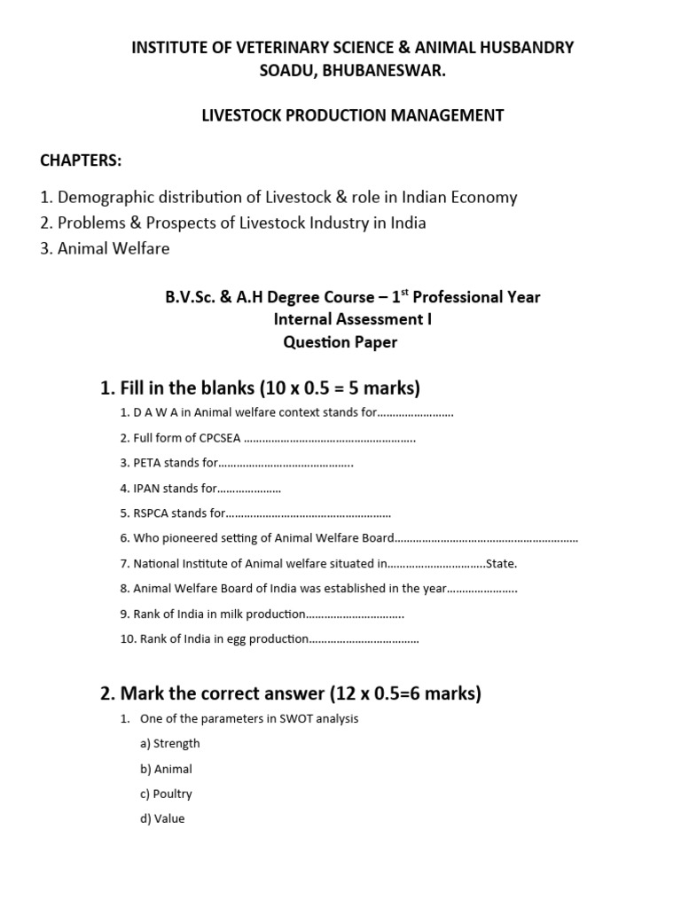 Question Paper - Internal Assessment 1 | PDF | Livestock | Animal Welfare