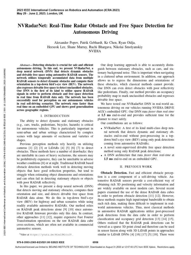 NVRadarNet Real-Time Radar Obstacle and Free Space Detection For ...