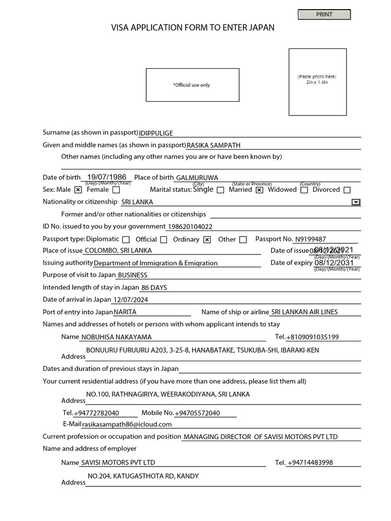 Japan Visa Application Form Details | PDF | Travel Visa | Passport