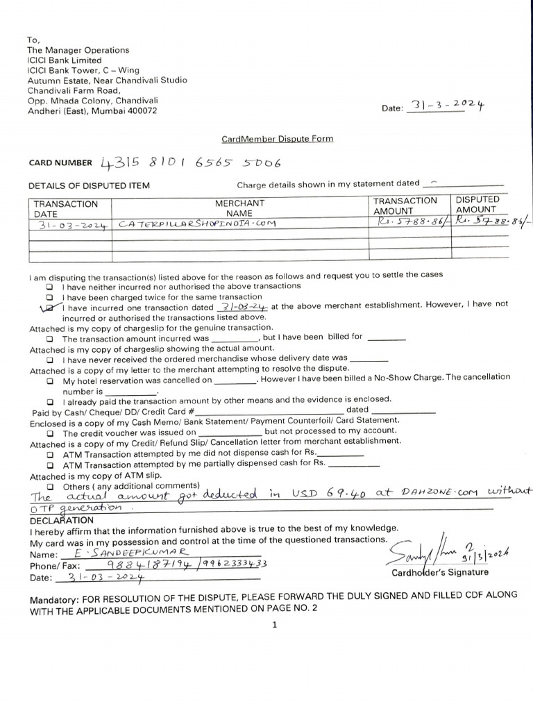 ICICI Bank Cardholder Dispute Form | PDF | Credit Card | Identity Document