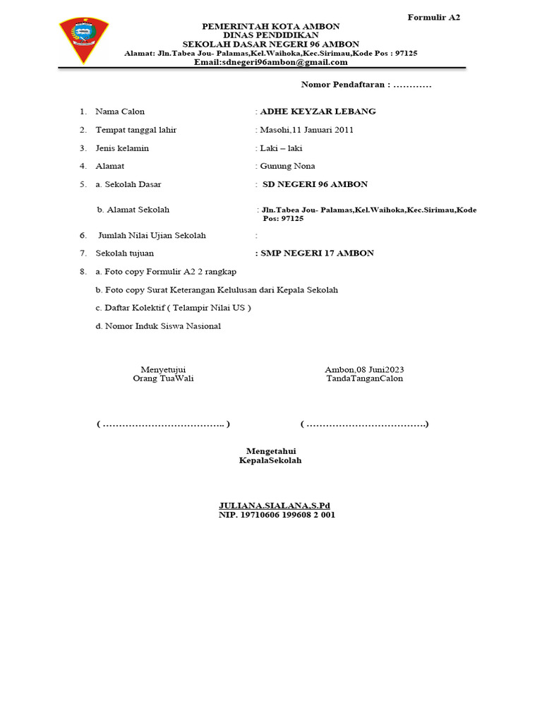 Formulir A2 SD NEGERI 96 AMBON | PDF