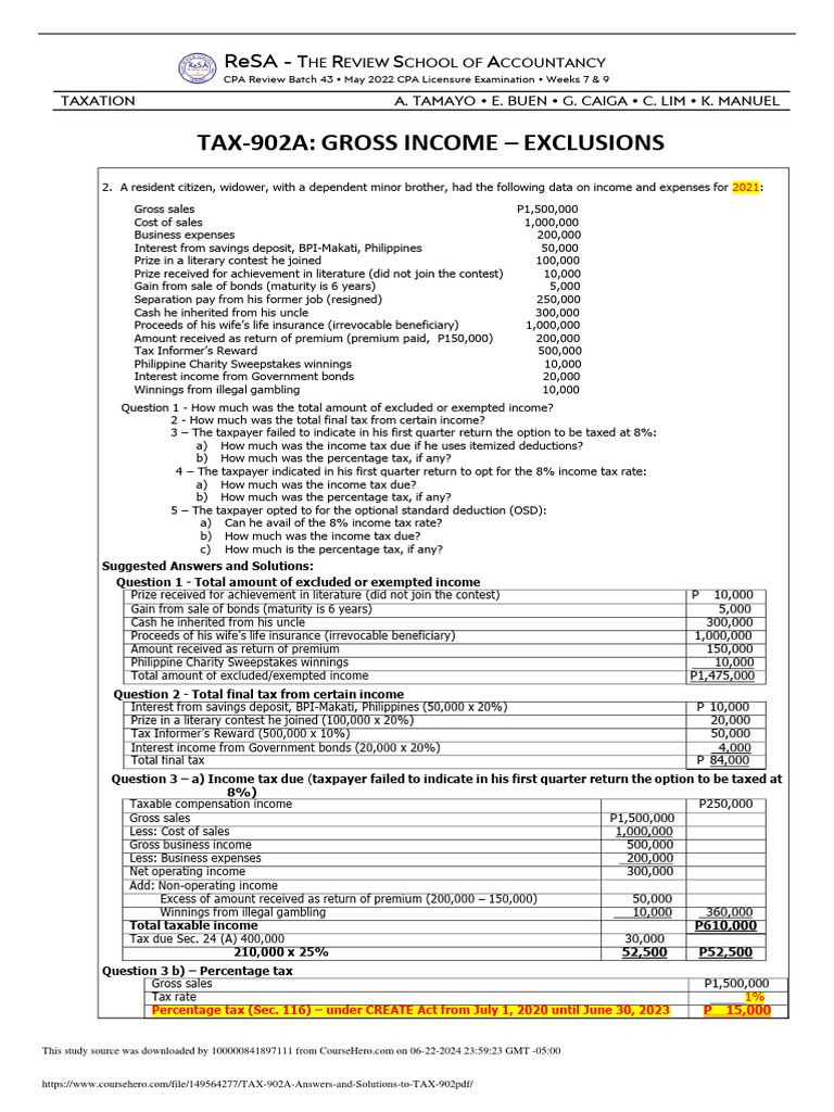 CPA Exam Taxation Solutions | PDF | Taxes | Life Insurance