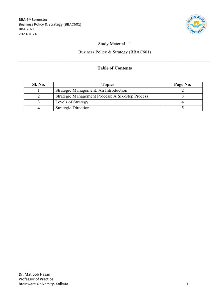 BBAC601 - SecA - Business Policy and Strategy - Study Material - Module I | PDF | Strategic ...