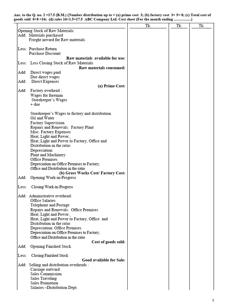 Blank Format of Cost Sheet | PDF | Cost Of Goods Sold | Financial Economics