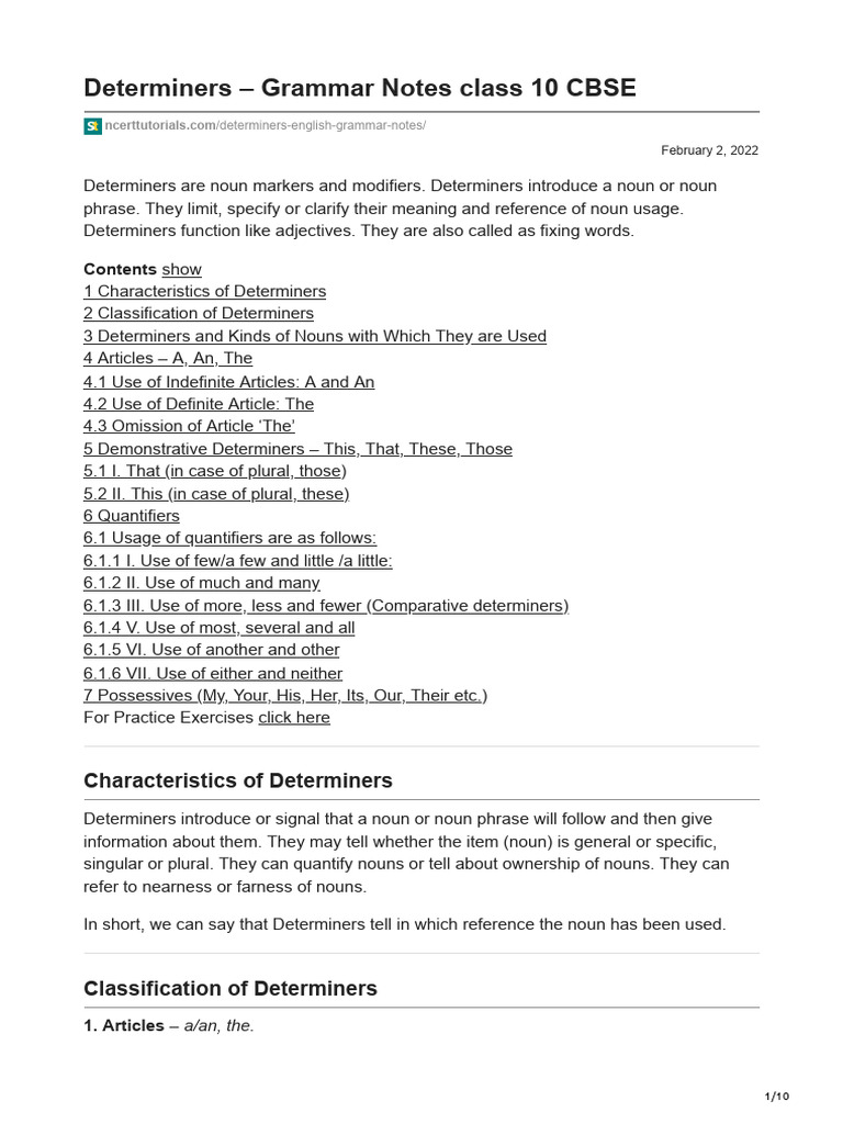 Determiners Grammar Notes Class 10 CBSE | PDF | Noun | Grammatical Number