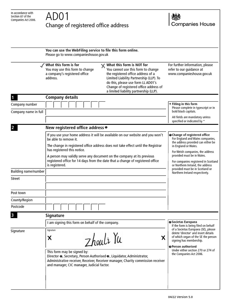 Change of Registered Office Address: 1 Company Details | PDF | Limited ...