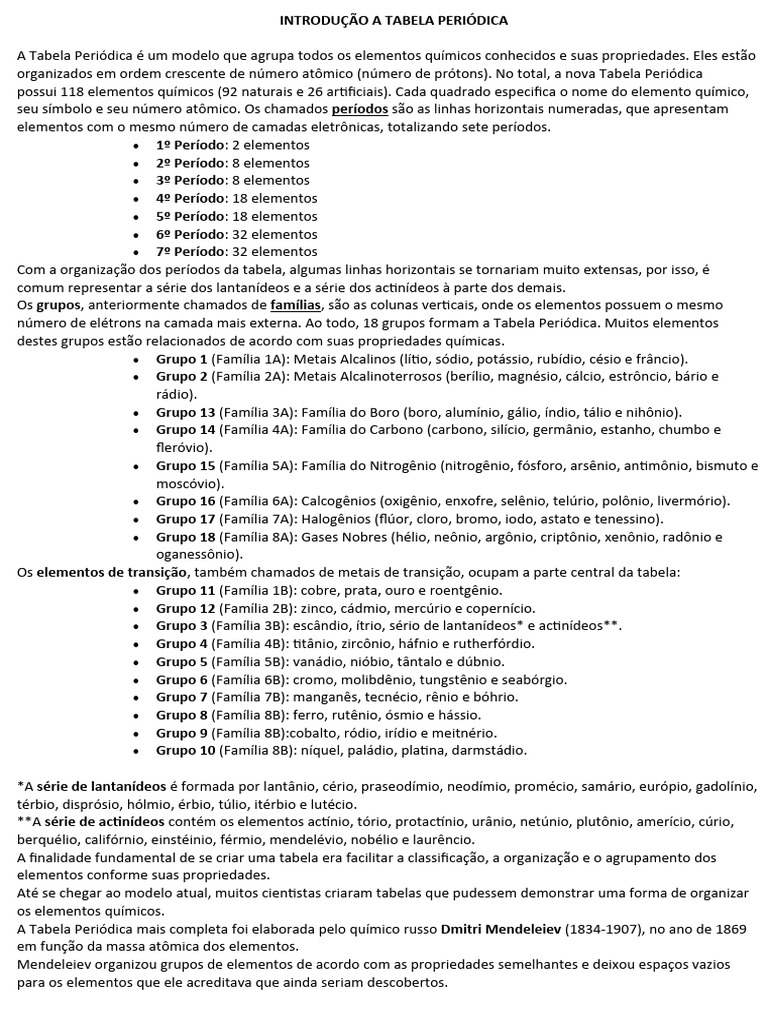 Introdução A Tabela Periódica | PDF | Tabela periódica | Átomos