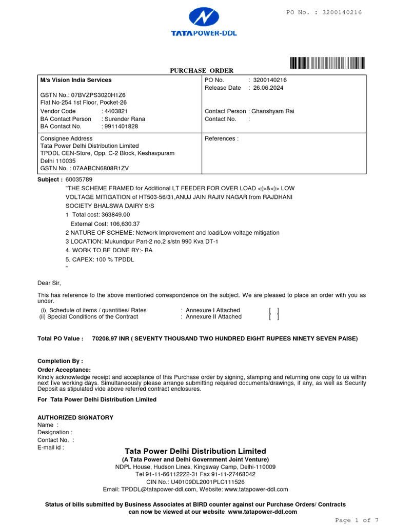 Purchase Order: Tata Power Delhi Distribution Limited | PDF | Electrical Connector | Building ...