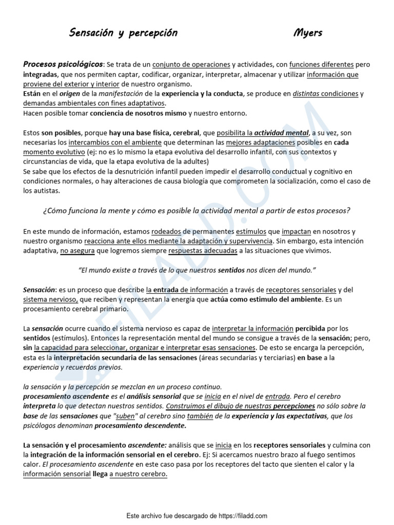 Sensacion y Prersepcion Myers | Descargar gratis PDF | Sentidos | Percepción