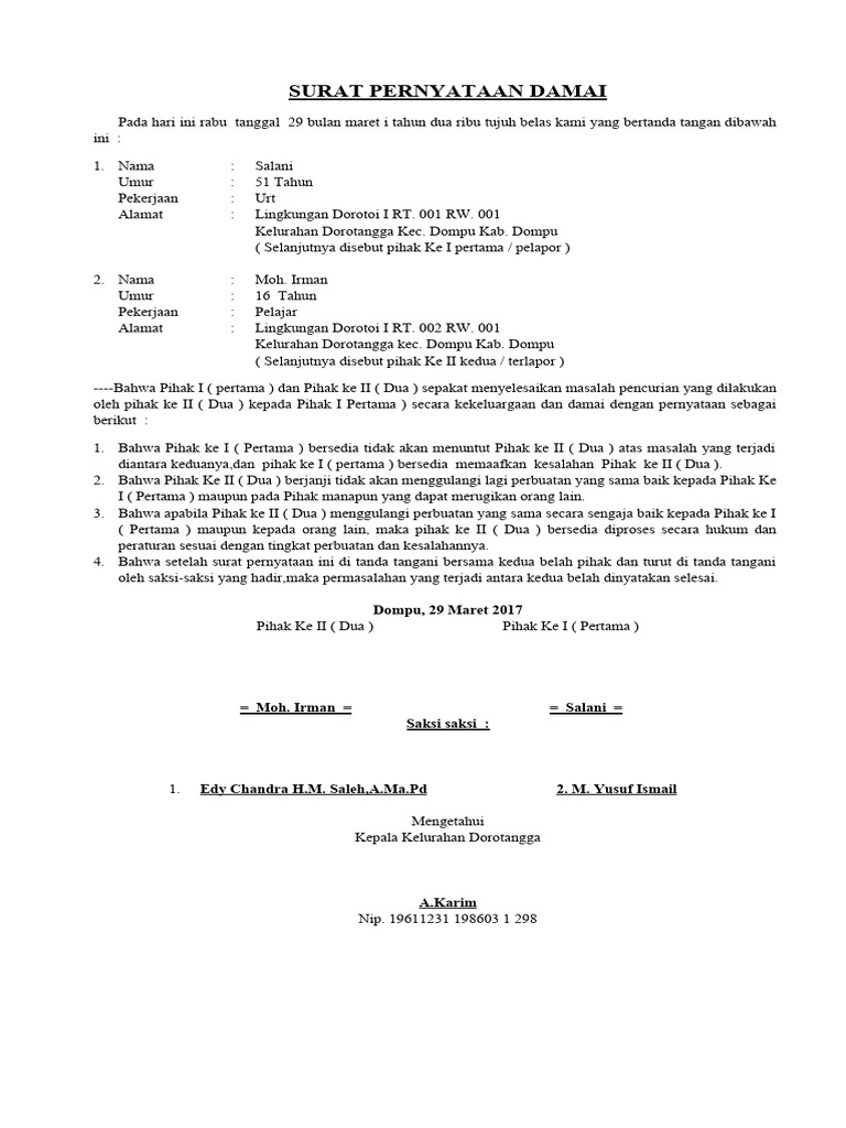 Surat Pernyataan Damai | PDF