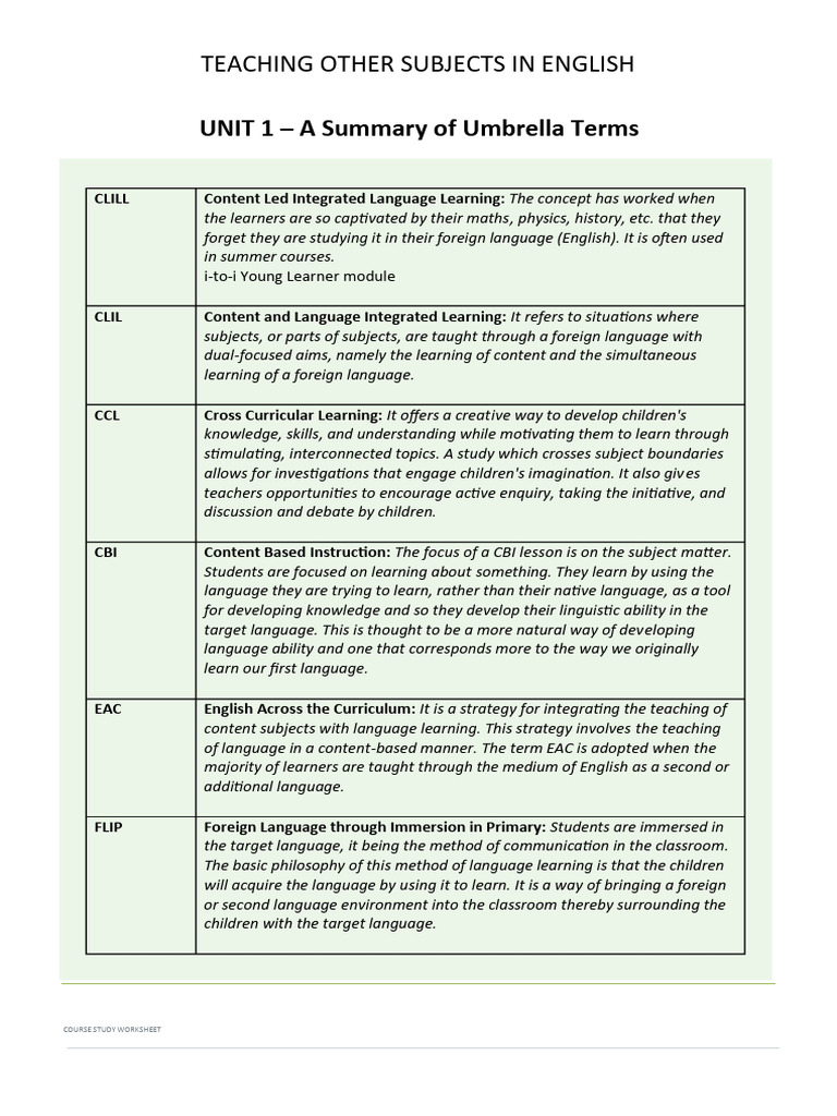 Summary of Teaching Other Subjects in English Umbrella Names | PDF ...