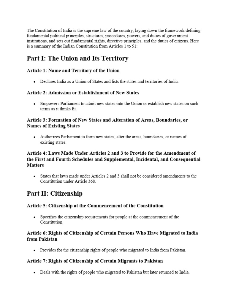 Constitution Article 1 To 51 Law Notes | PDF | Citizenship | Government