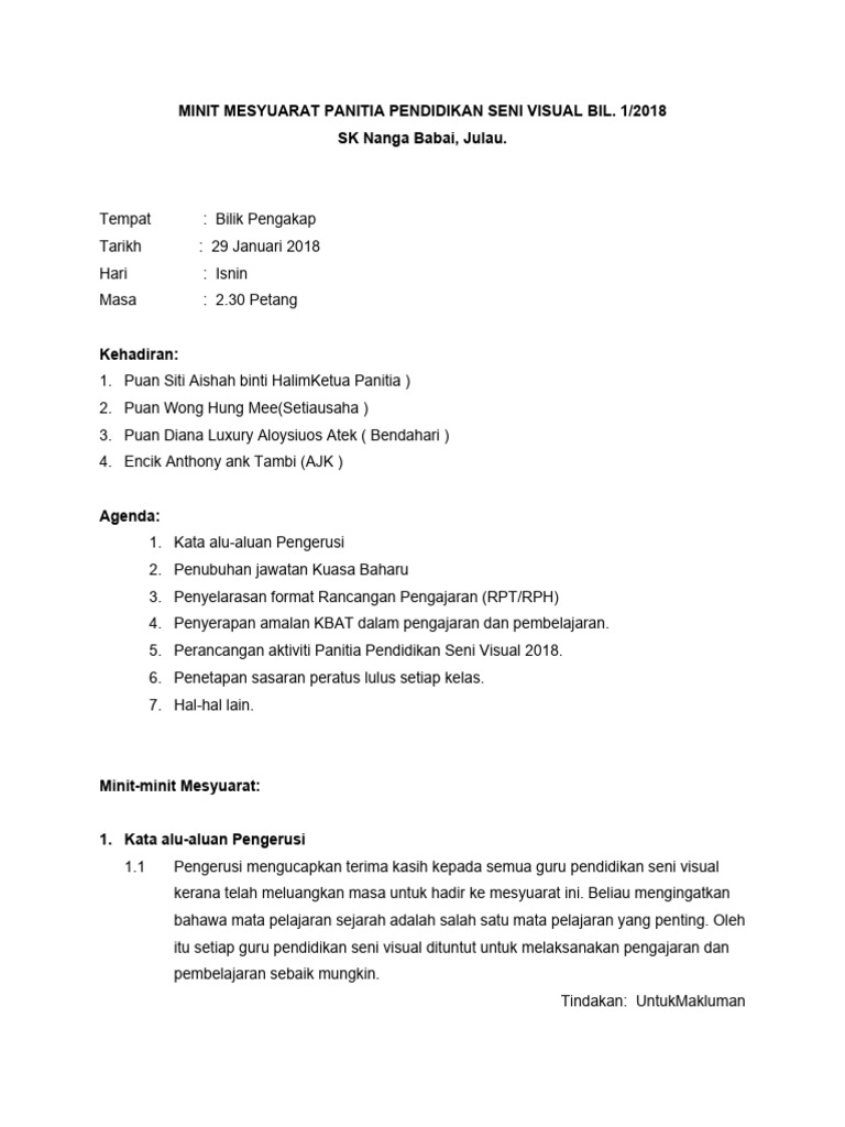 Minit Mesyuarat Panitia Pendidikan Seni Visual Bil | PDF