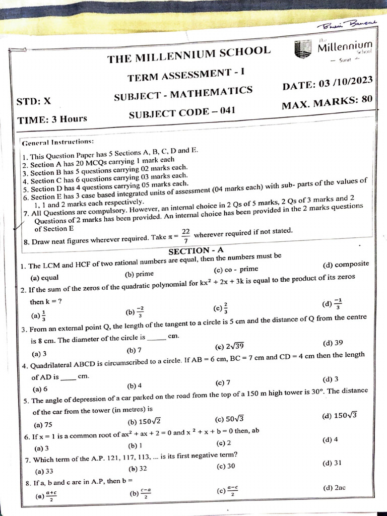 Maths SQP (Class 10) | PDF | Circle | Euclidean Geometry