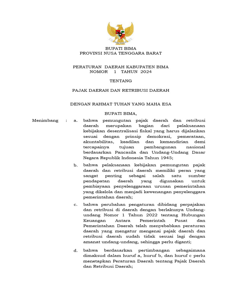 Perda Nomor 1 Tahun 2024 Tentang PDRD | PDF