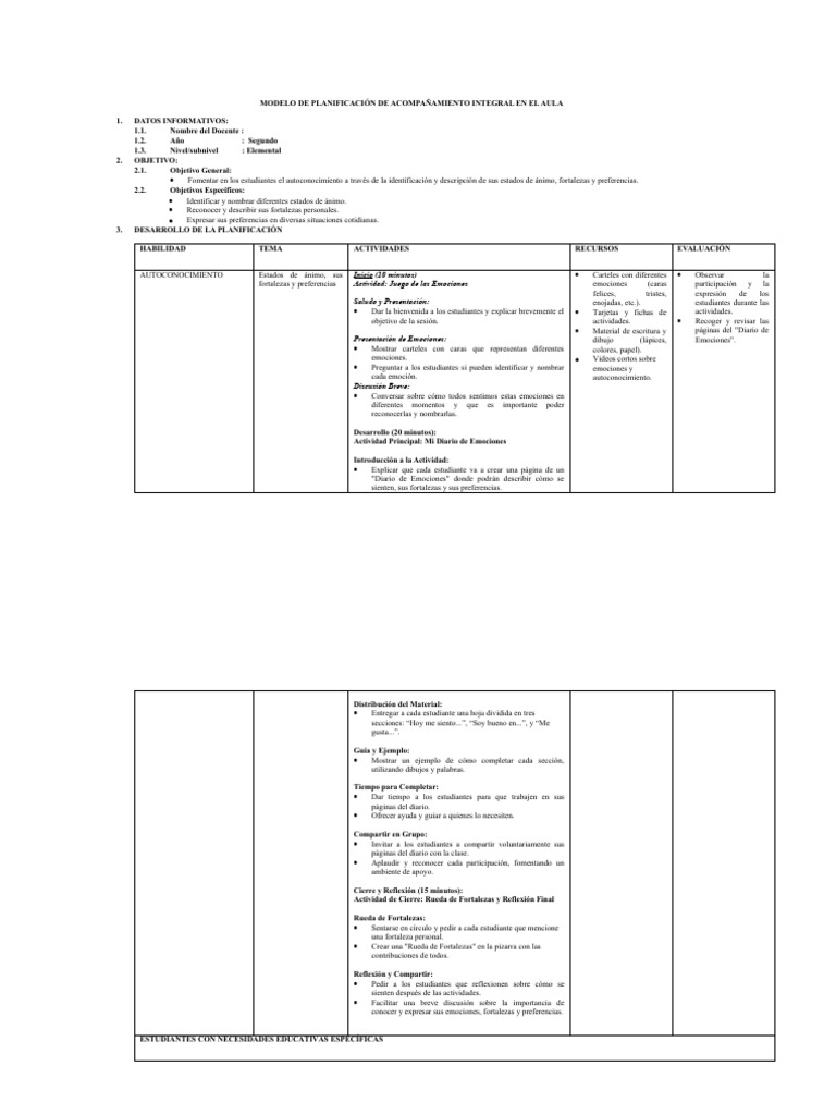 MODELO DE PLANIFICACI+ôN DE ACOMPA+æAMIENTO EN EL AULA | PDF | Las emociones | Sicología