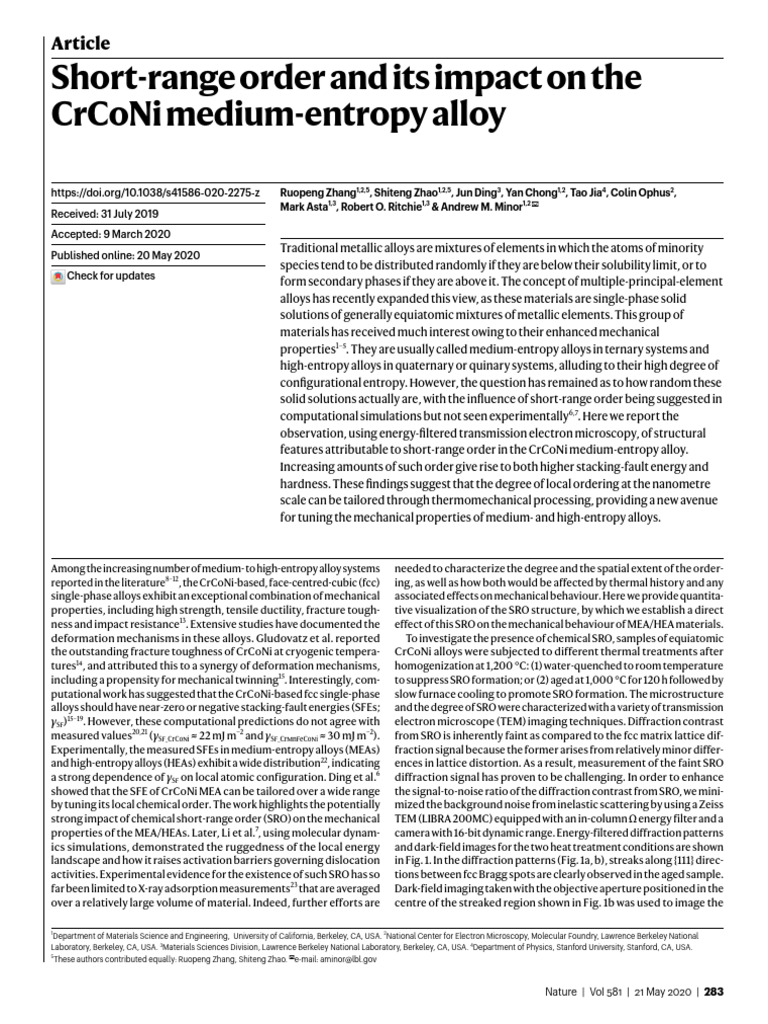 2020 Nature Zhang Short-Range Order and Its Impact On The CrCoNi Medium ...