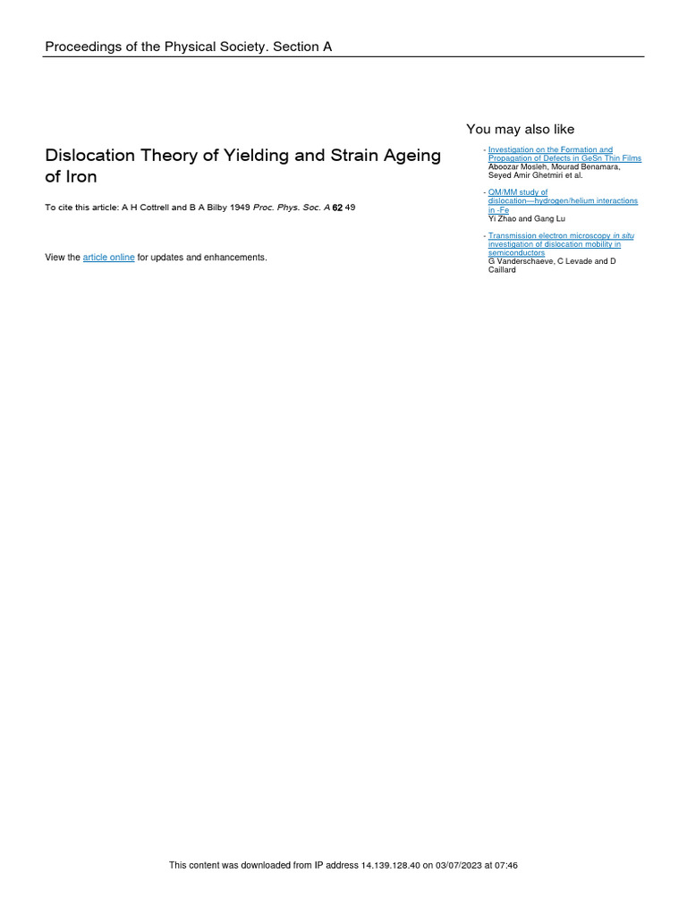 1948 Dislocation Theory of Yielding and Strain Ageing Cottrell | PDF | Yield (Engineering ...