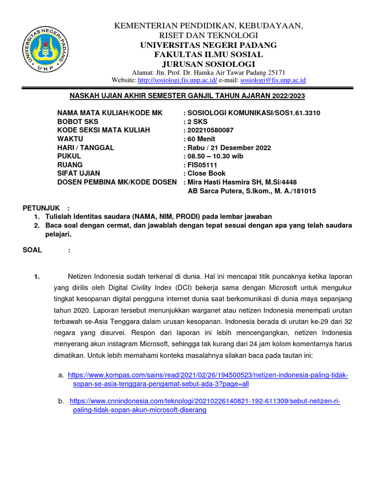 Uas Soskom Mira Hasti Hasmira Jul - Des 2022-2023 | PDF | Ilmu Sosial ...