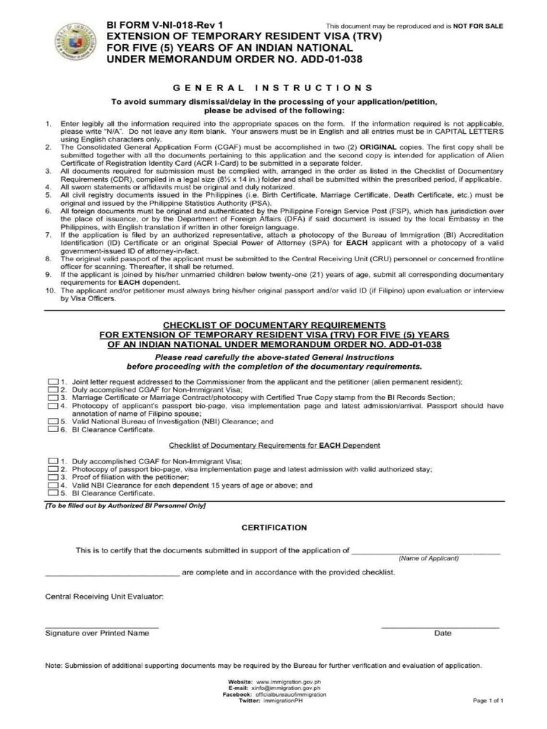 BI - Extension of Temp. Resident Visa | PDF
