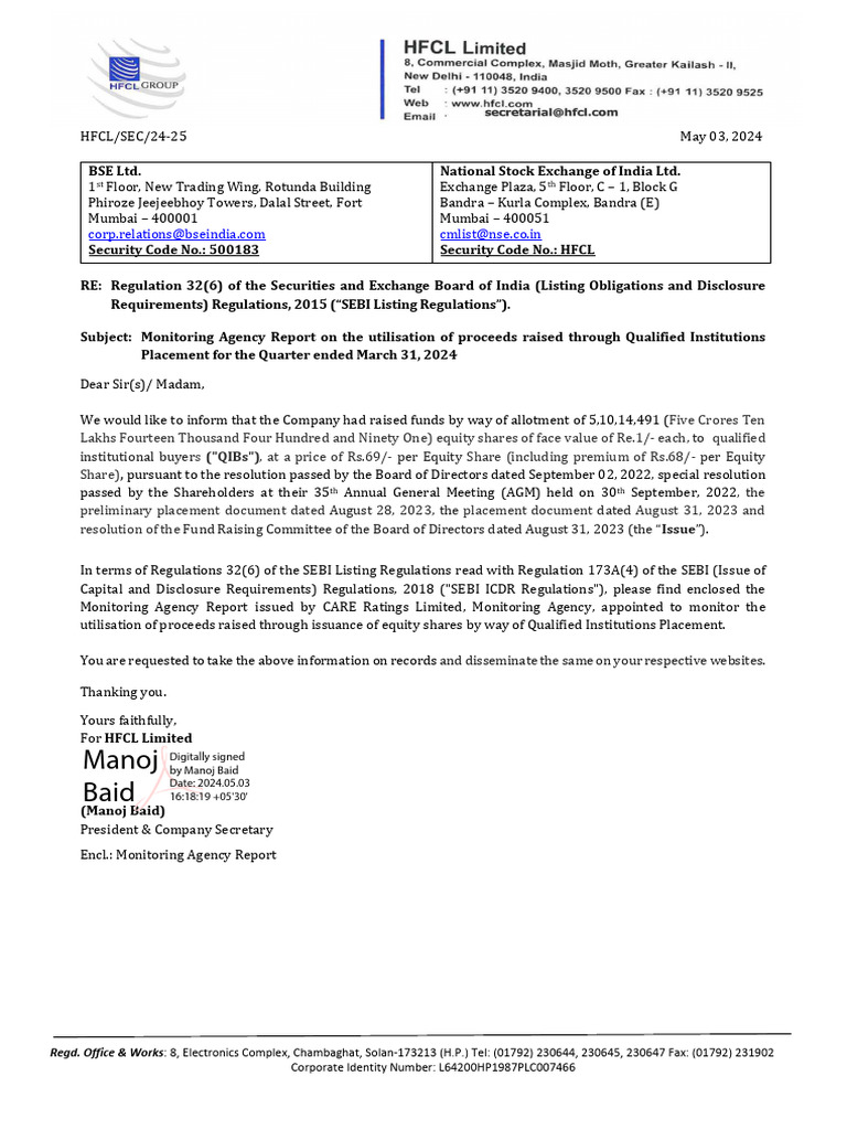 HFCL STX QIP Monitoring Agency Report | PDF | Financial Services ...
