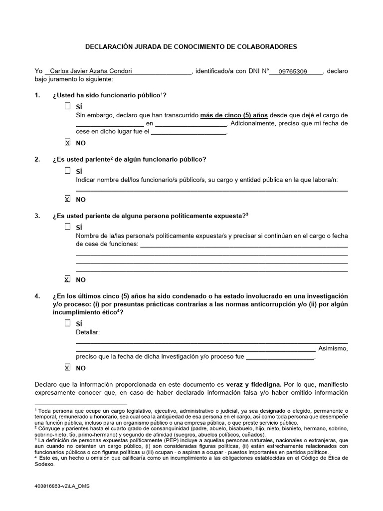 Declaración Jurada de Conocimiento de Colaboradores | PDF | Gobierno