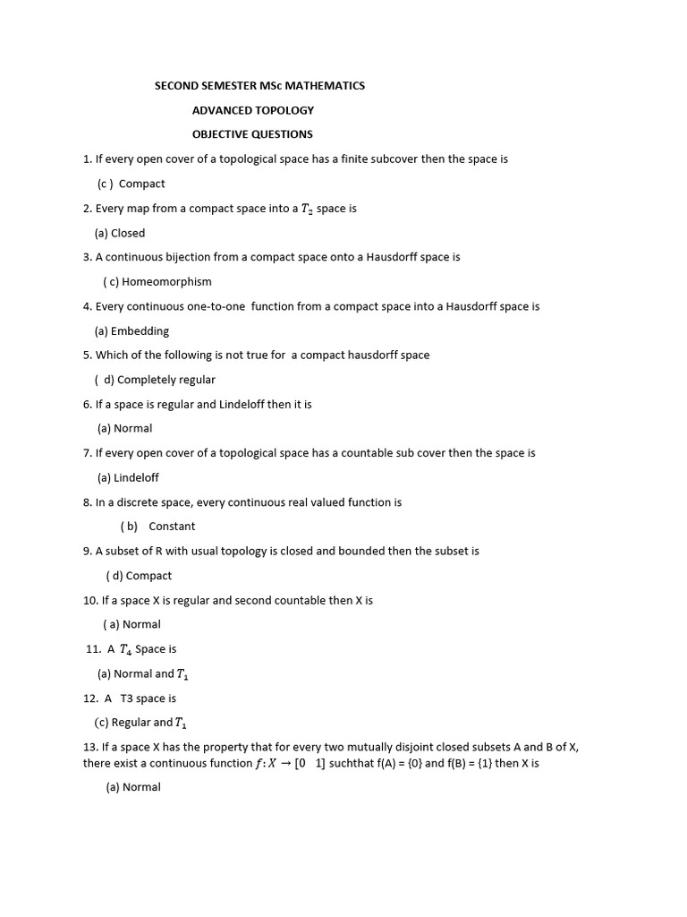 Second Semester MSC Mathematics Advanced Topology Objective Questions ...