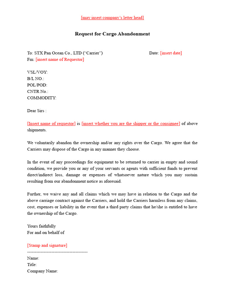Cargo Abandonment Request Letter | PDF | Finance & Money Management