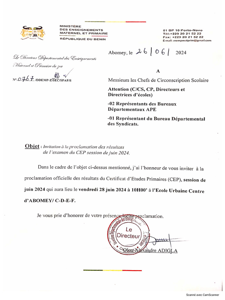 Invitation Proclamation Résultat CEP 2024 | PDF