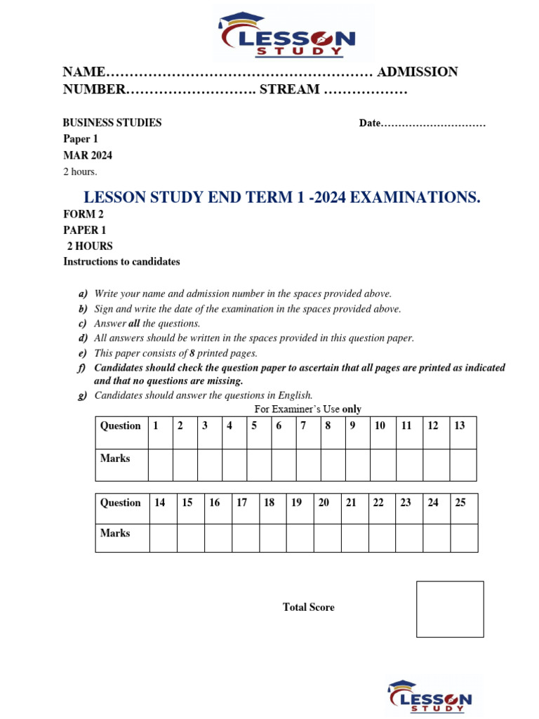 Form 2 Business Studies Exam 2024 | PDF | Securities (Finance) | Receipt