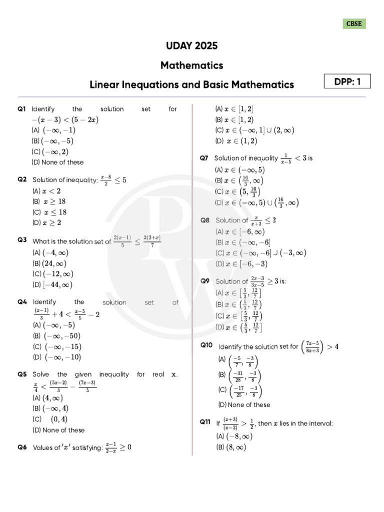 Linear Inequations and Basic Mathematics DPP 01 Uday 2025 | PDF