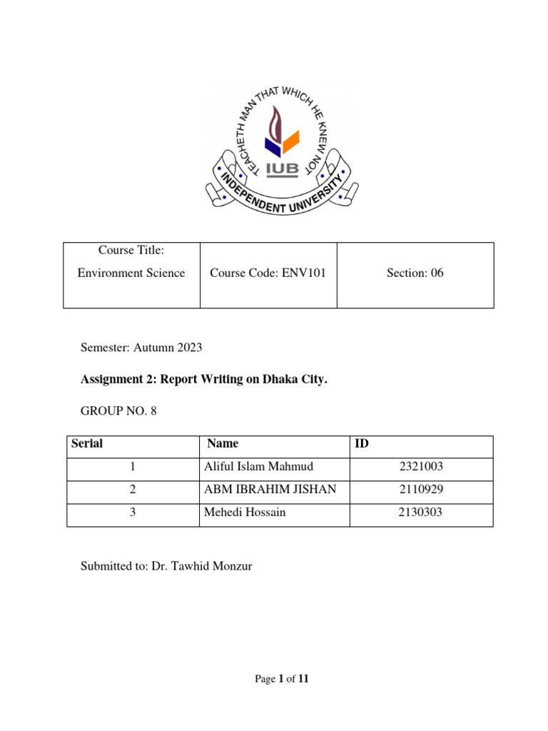 Env101 Final Project Assignment 2 (Report Writing) | PDF | Dhaka | World Politics