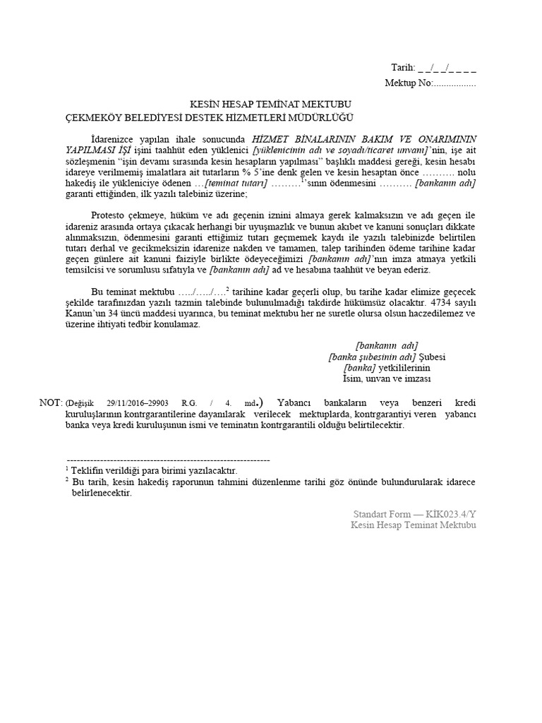 2022 273328 Kesin Hesap Teminat Mektubu KIK023 4 Y | PDF