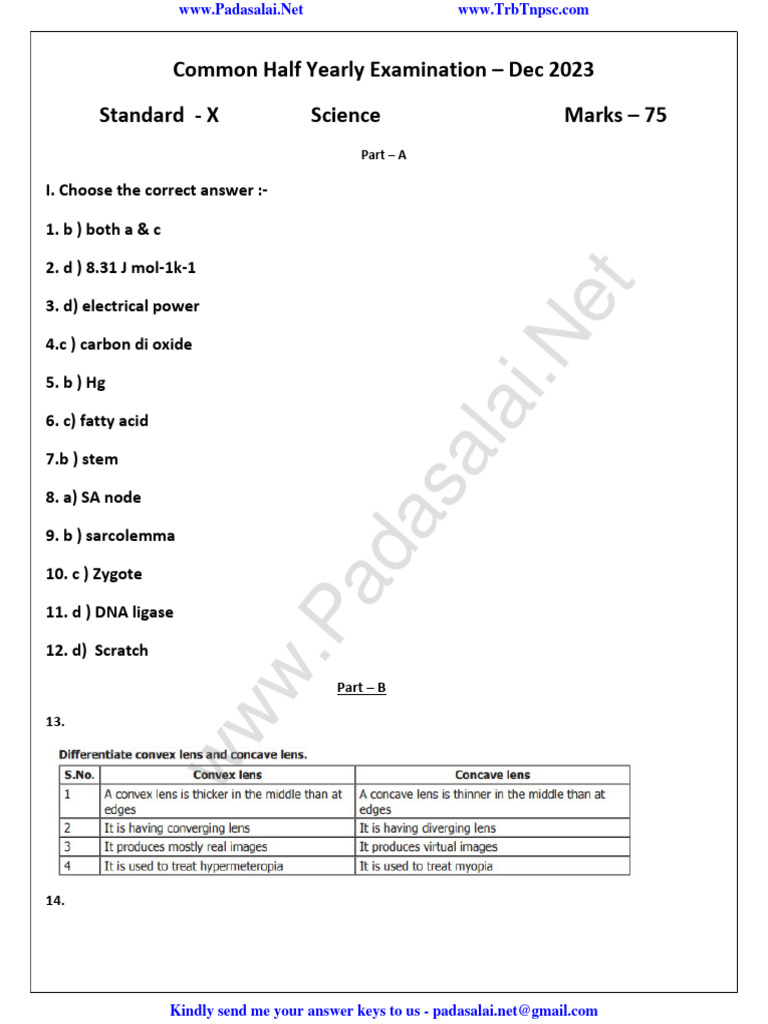 10th Science EM Answer Key To Half Yearly Exam 2023 Question Paper ...