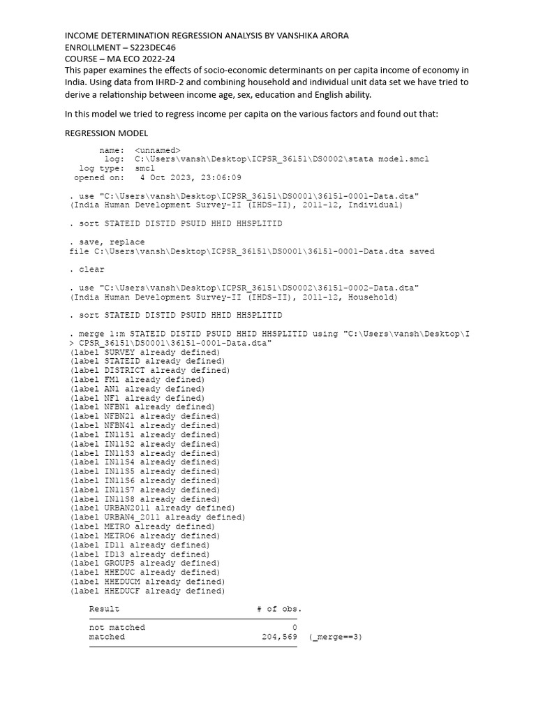 Stata File Vanshika Arora | PDF | Coefficient Of Determination | Errors And Residuals