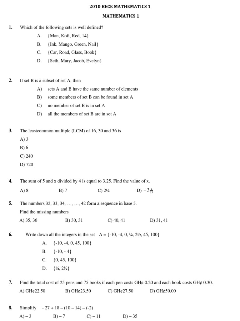 2010 Bece Mathematics 1 | PDF | Mathematics | Arithmetic