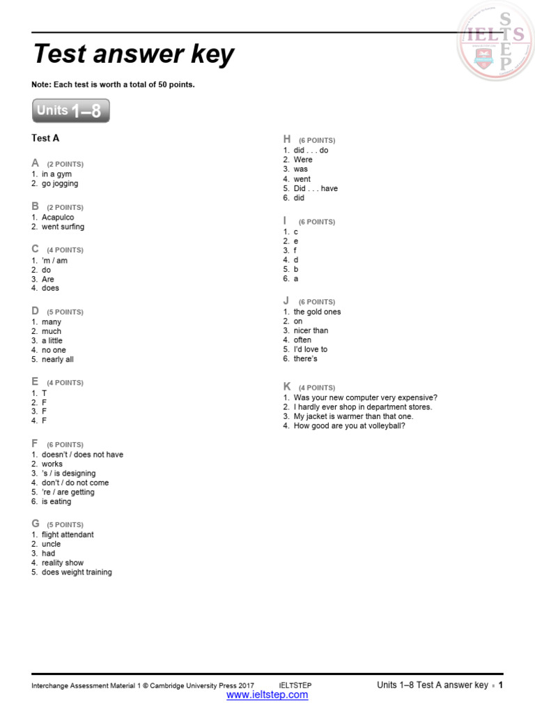 Units 1-8 Test A Answer Key | PDF