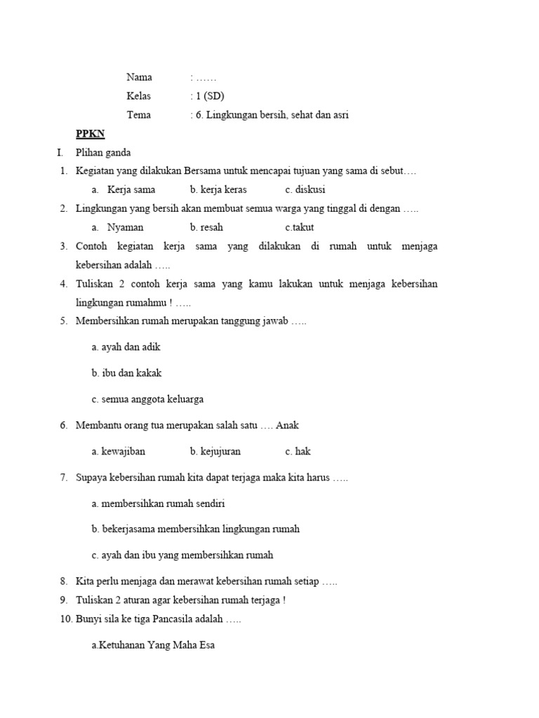 Ujian Tema 6 Kelas 1 SM 2 | PDF | Seni & Disiplin Bahasa | Griya & Taman