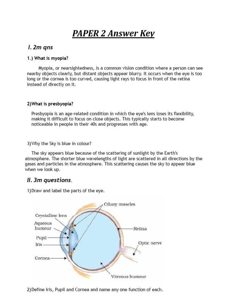 PAPER 2 Answer Key | PDF | Myopia | Eye