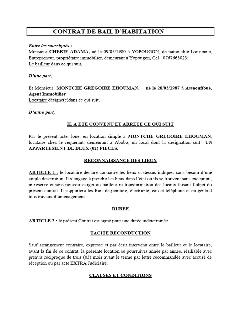 Contrat de bail d'habitation simple | PDF | Location | Droit privé