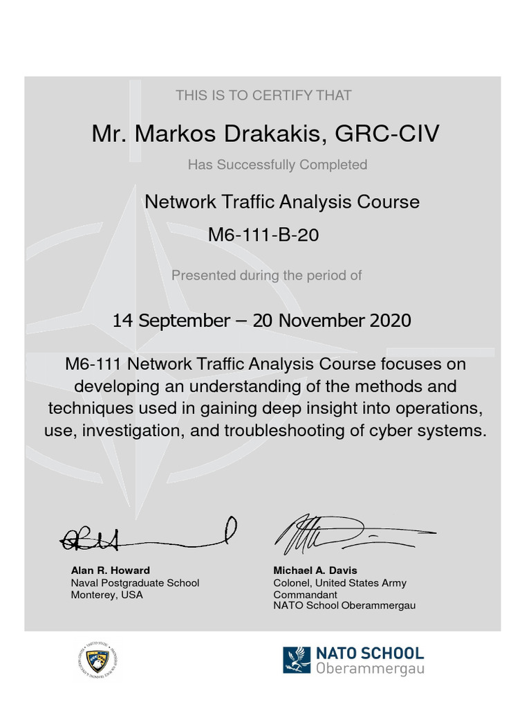 Markos Drakakis Traffic Analysis Certificate | PDF