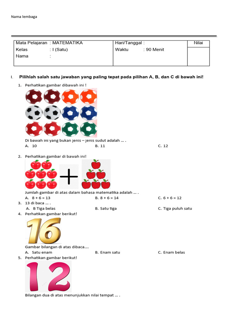 Soal MTK Kelas 1 | PDF