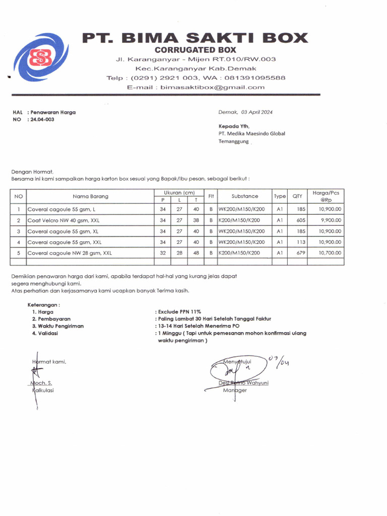PENAWARAN HARGA PT MMG (KARTON Belscan) 9243 | PDF