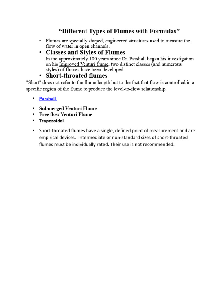 Types of Flumes and Their Formulas | PDF | Fluid Dynamics | Fluid Mechanics