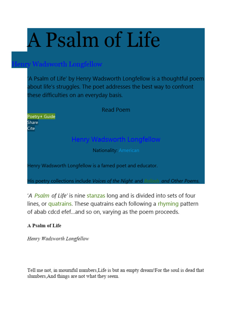 A Psalm of Life | Download Free PDF | Henry Wadsworth Longfellow | Poetry