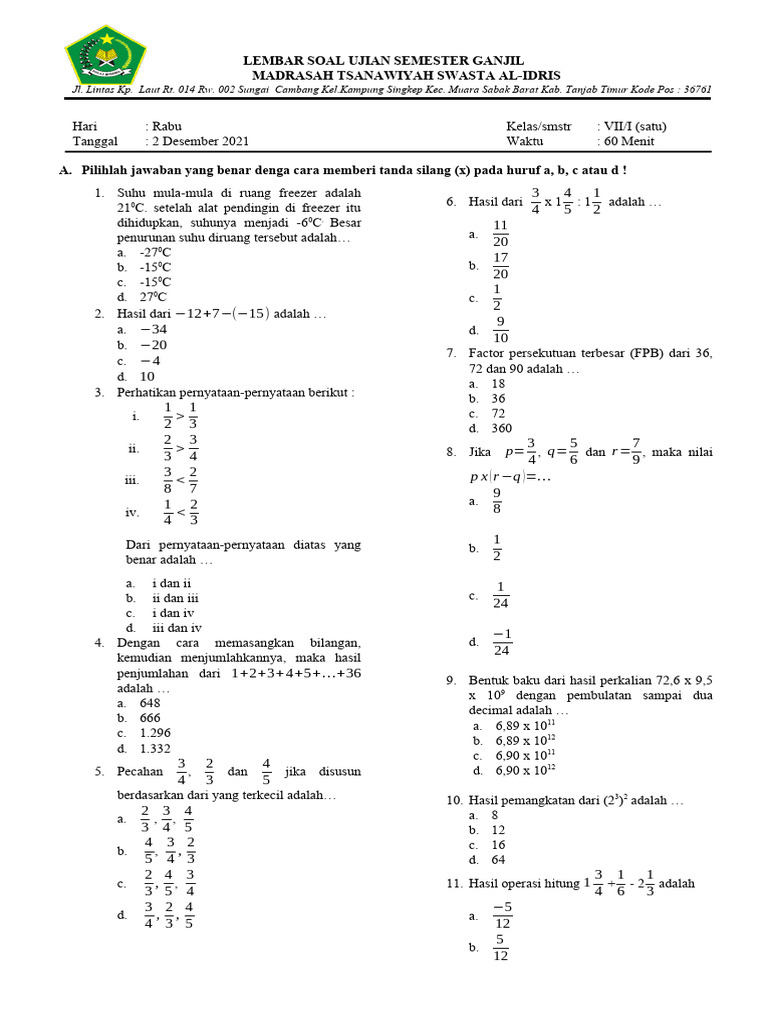 Soal MTK Kelas Vii SMT 1 Th. 2021. | PDF