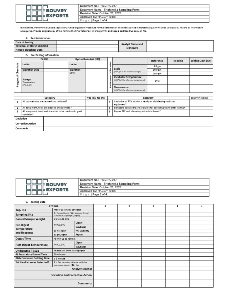 REC-PL-017 Trichinella Sampling Form | PDF | Waste