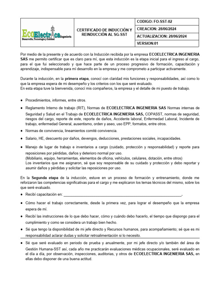 Fo-Sst-02 Certificado de Induccion y Reinducción Al SGSST | PDF